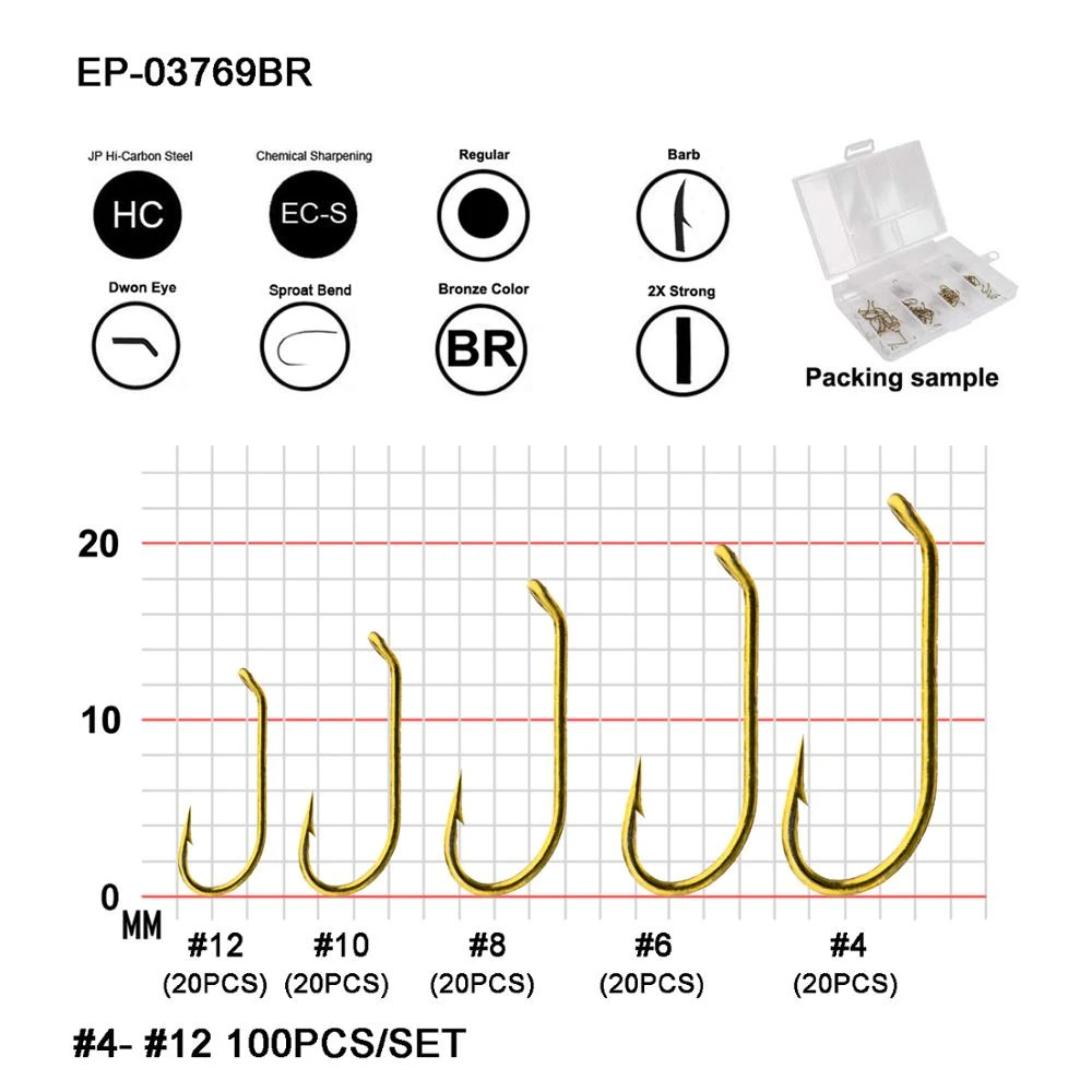 Eupheng 100pcs EP TMC3769 Wet And Nymph 2X Heavy Standard Sproat Bend Fly Fishing Hook Down Eye ...