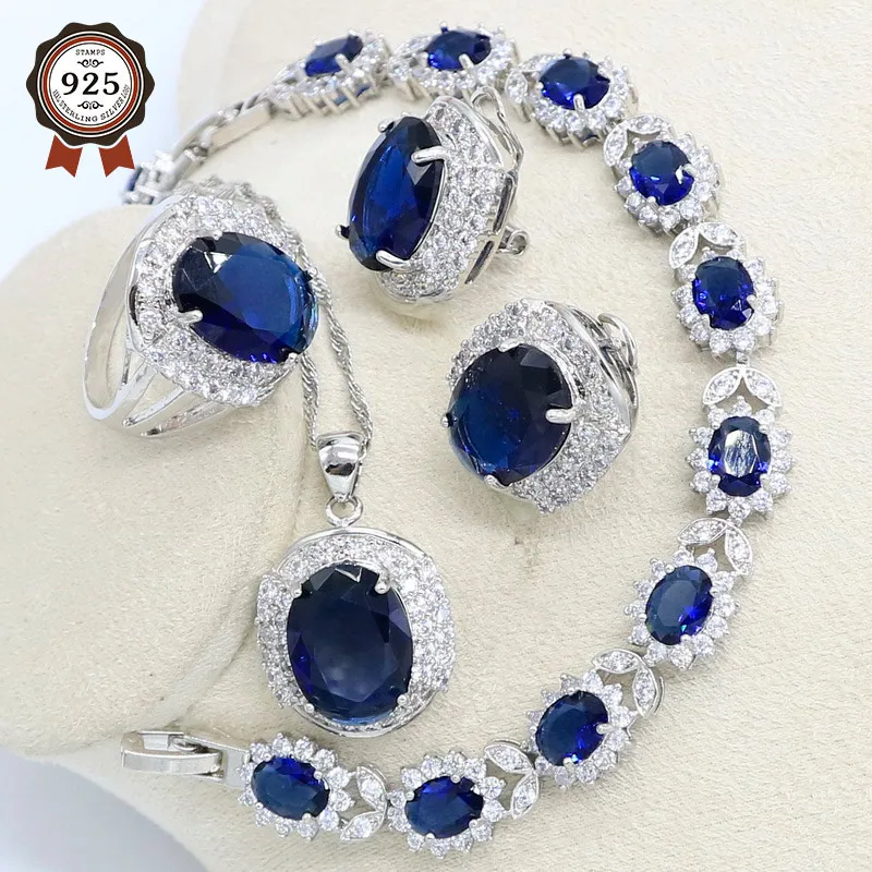 Luxury Silver Color Blue Cubic Zirconia Jewelry Set for Women with ...