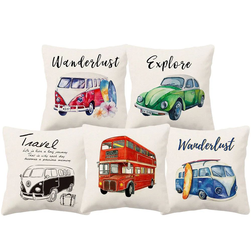 Bus-Painting-Covers-Retro-Style-Throw-Pillows-Case-Sofa-Decor-Linen ...
