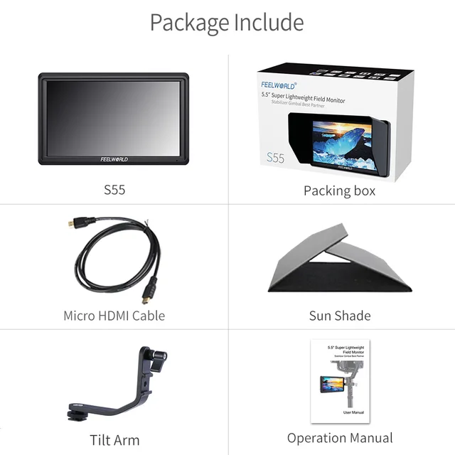 FEELWORLD-DSLR Monitor de campo, S55, IPS, 5.5 ", 1280x720, suporte 4K ...