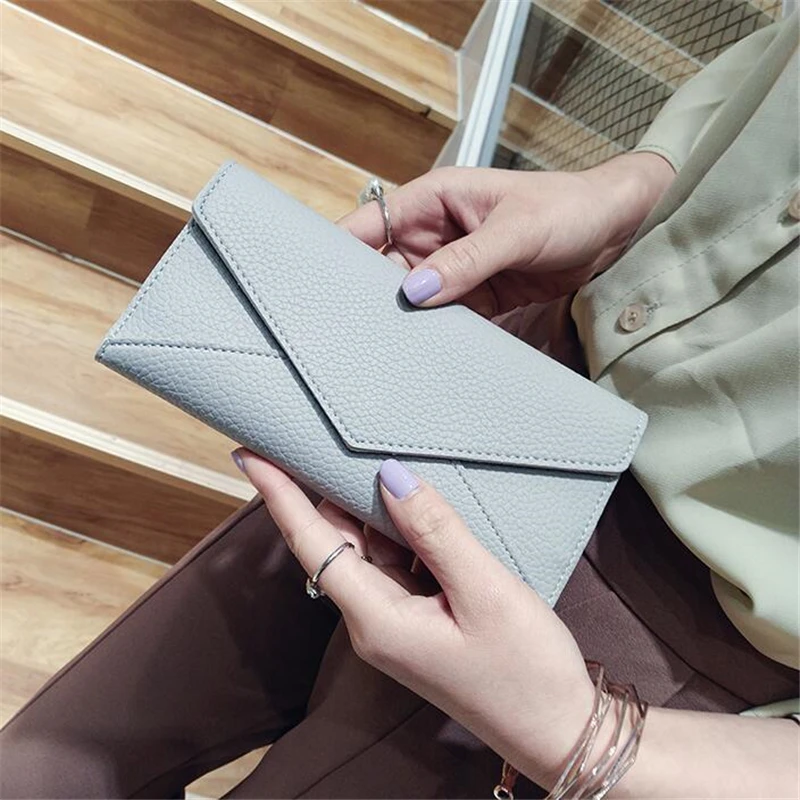 Wristlet Fashion Envelope Women Wallet Solid Color 2Fold 4Colors PU ...