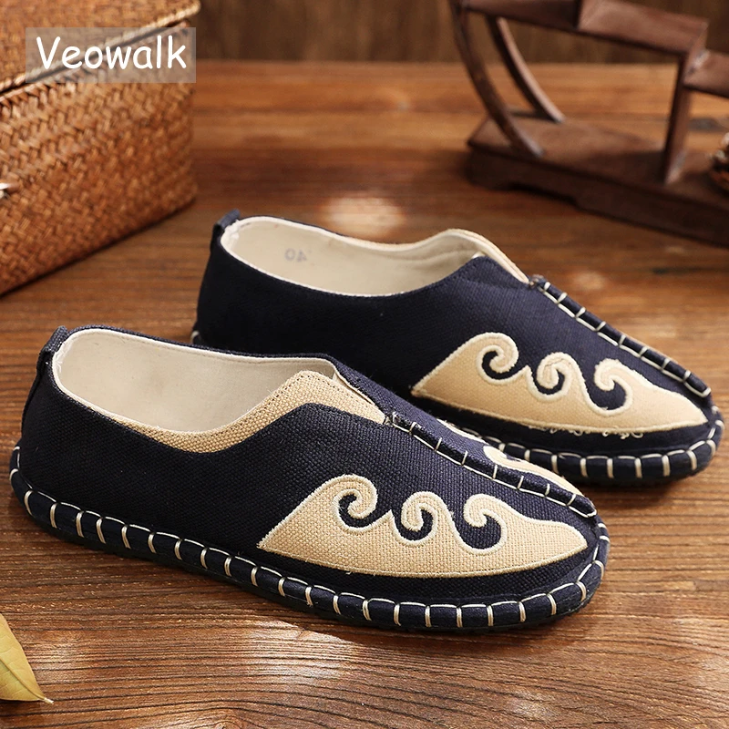 Veowalk 남성용 캔버스 에스파드리유 플랫 수제 자수 로퍼 편안한 리넨 데님 슬립온 드라이빙 슈즈남성용 캐주얼 신발