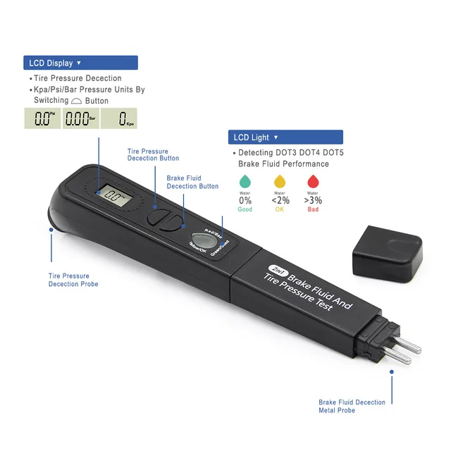 Brake Fluid Liquid Tester Pen With 5 LED with Tire pressure tester 2 IN ...