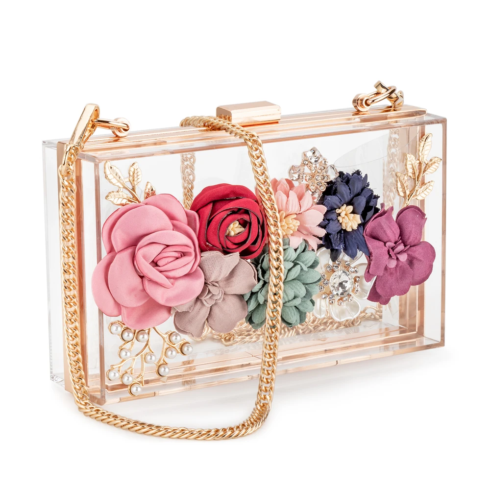 Women Acrylic Flower Clutches Crossbody Purse Evening Bags Chain Strap ...