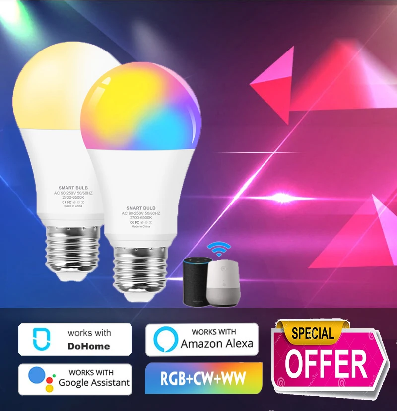 Bombilla LED inteligente con Wifi, lámpara con cambio de Color regulable, Control por voz Siri ...