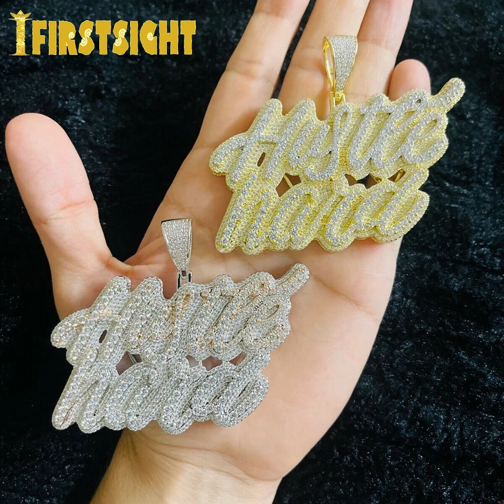 Iced Out Bling Cursive Letters Hustle Hard Pendant Necklace Cz Zircon ...