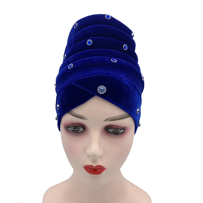 Diamonds African Aso Oke Headtie Women Velvet Turban Bonnet Muslim Head ...