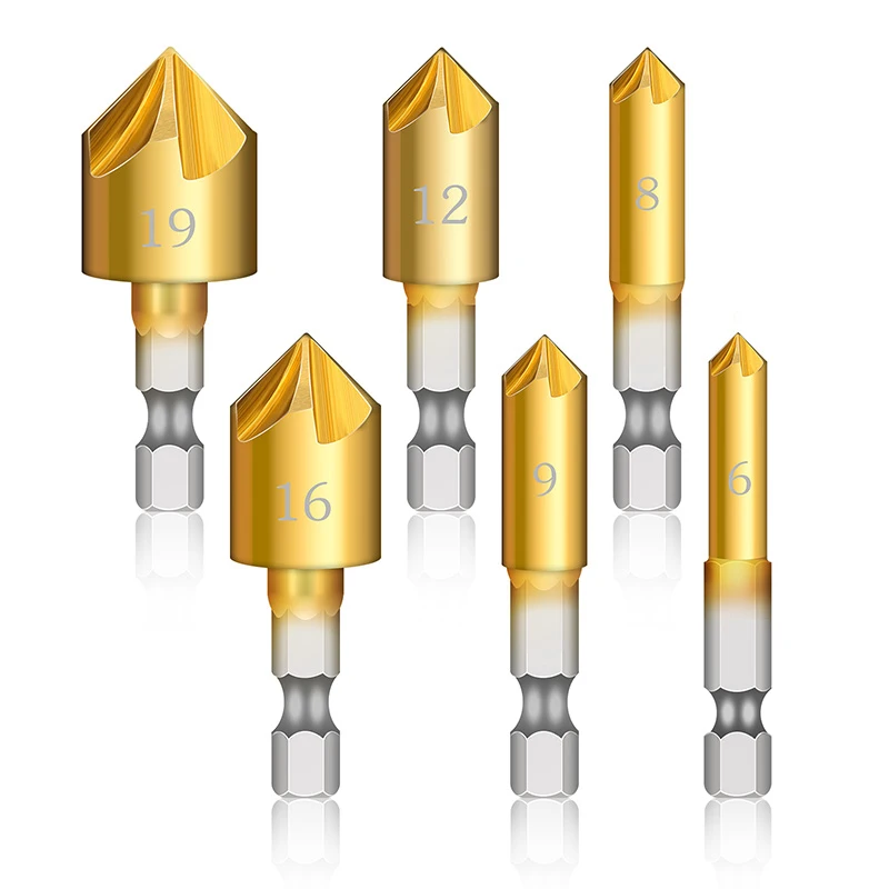 6 STÜCKE 5 Flöte Fase Senker 1/4 "Sechskantschaft HSS 90 Grad Holz ...