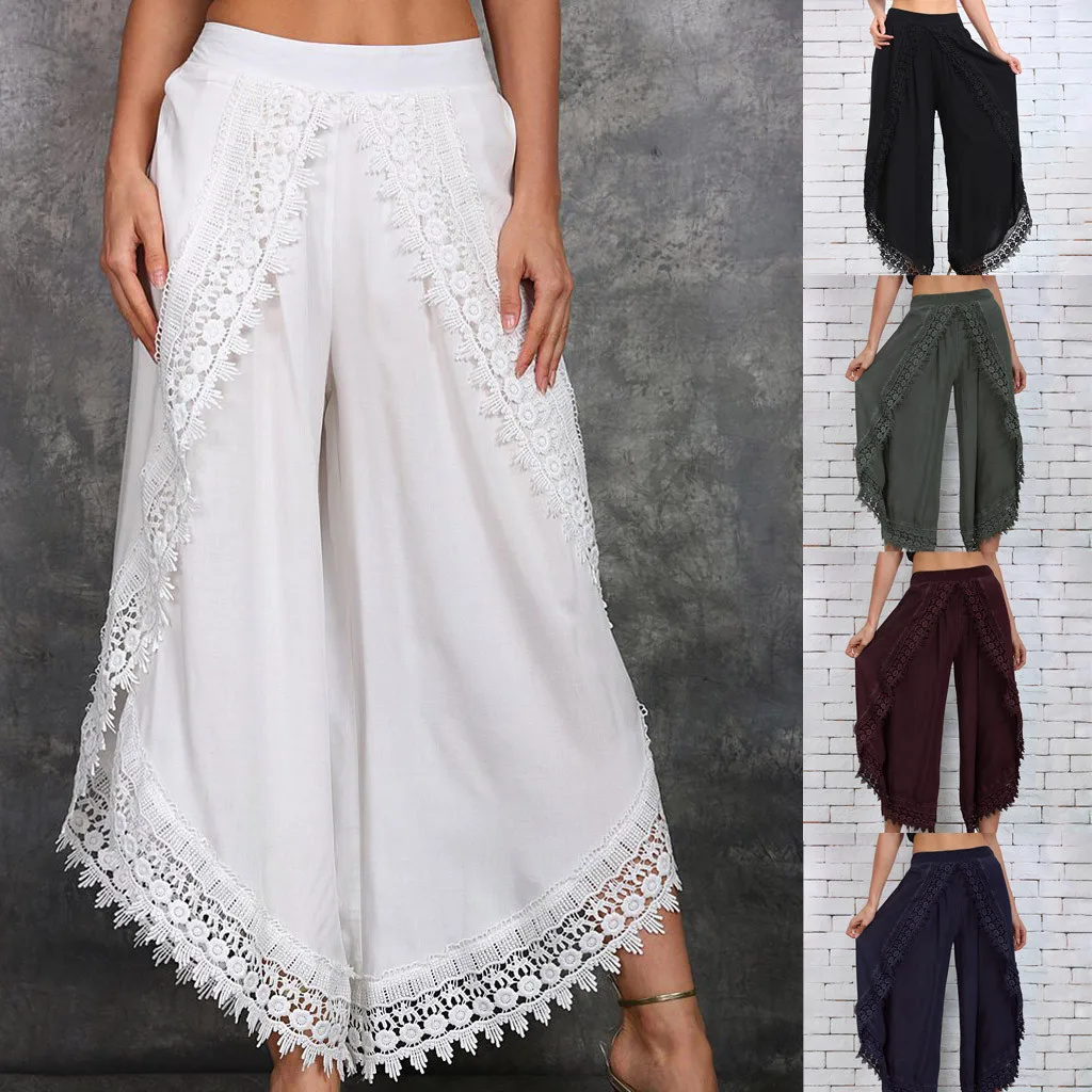Medieval sexy women's loose wide leg pants solid color lace bohemian ...