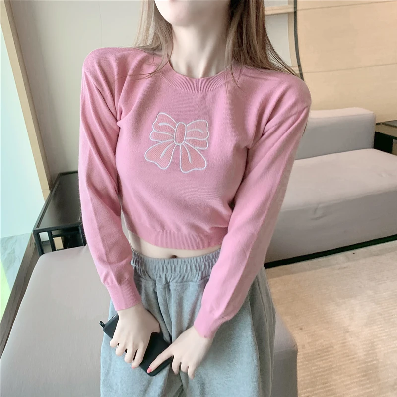 Pink Sweater Women Sweet Girl Short Top Cute Pullover Bow Embroidery O ...