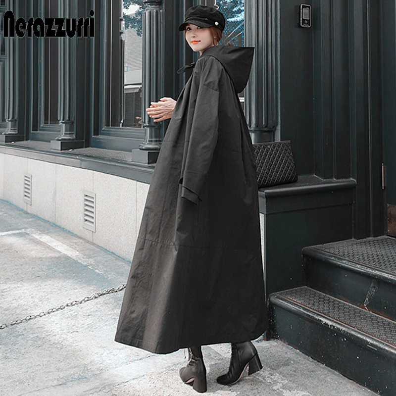 Nerazzurri Autumn Long Black Waterproof Raincoat For Women With Hood ...