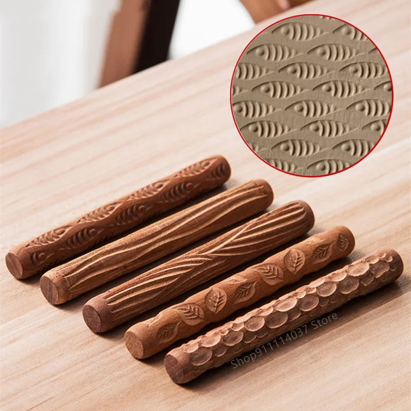 1/5pcs Pottery Clay Tools Ceramic Wood Texture Rolling Stick Relief ...