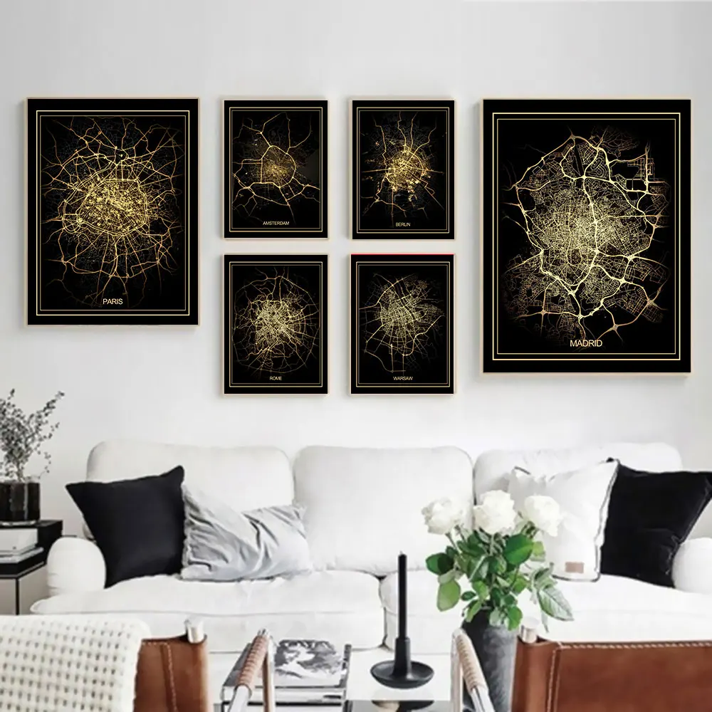 City Light Map Poster Black Gold Canvas Painting Minimalist Line Art ...