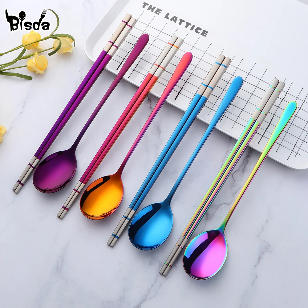 1Pair-Korean-Chopsticks-Spoon-Set-Stainless-Steel-Adult-Cutlery-Sushi ...