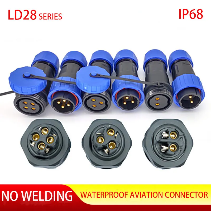 LD28 IP68 Waterproof Connector Plug Back Nut/Square/Docking 2 3 4 Pin Screw Crimping Without ...