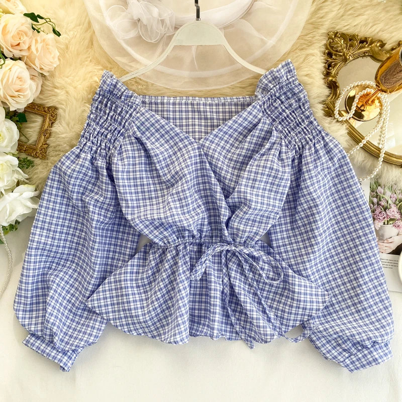 Blusa elegante a cuadros para mujer, camisa de manga abombada con ...