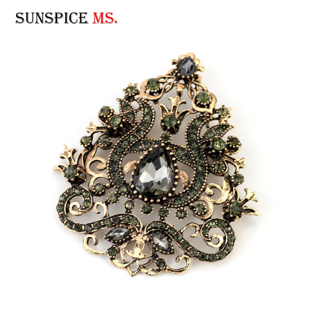 Sunspicems Vintage Turkish Flower Brooch Pins for Women Gray Rhinestone ...