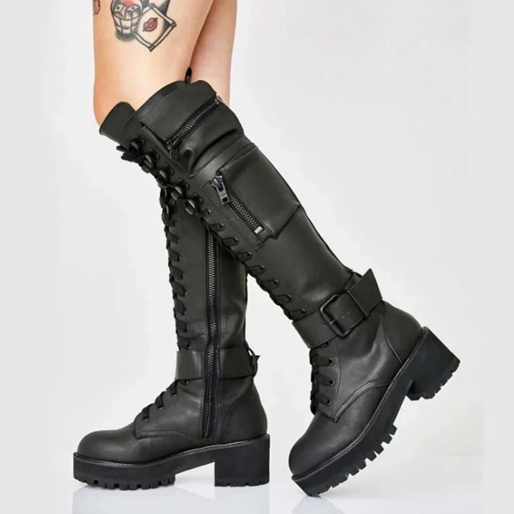 Brand-Design-High-Quality-Female-Motorcycle-Boots-Square-Heel-Lace-Up ...