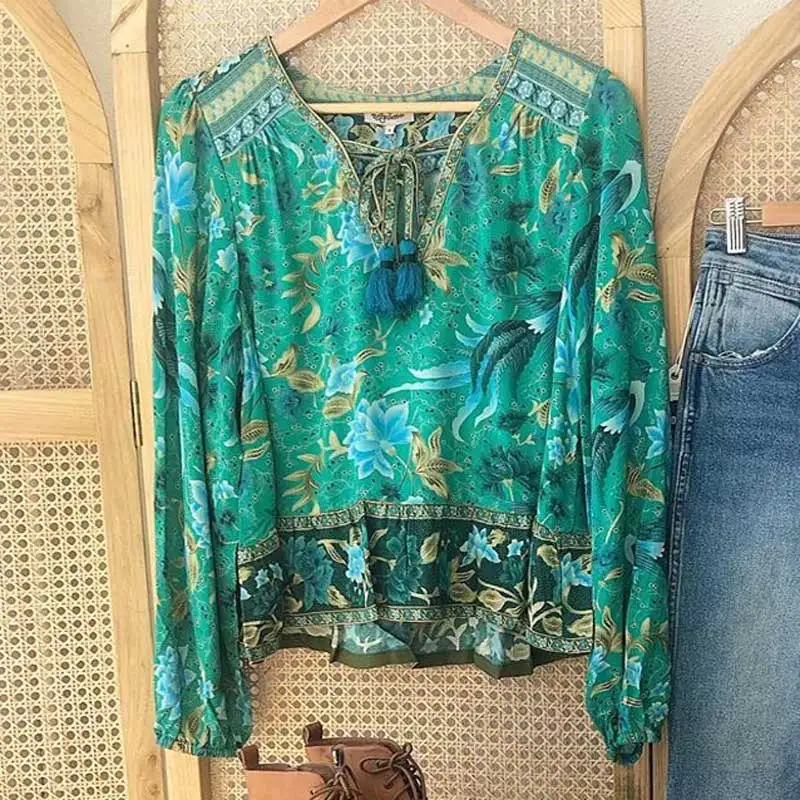 Blusa de inspiración Bohemia turquesa para mujer, blusa informal ...