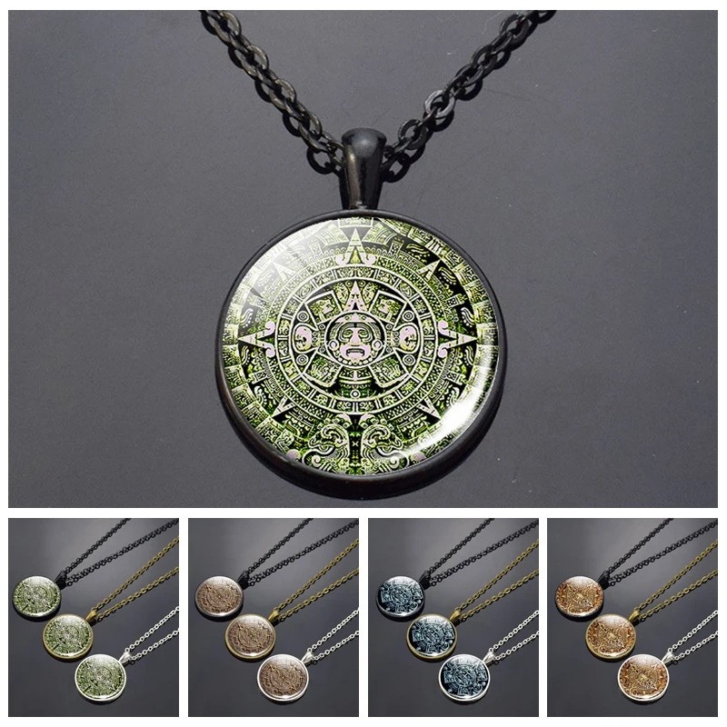Mayan Totem Aztec Calendar Necklace Glass Dome Long Necklace Pendant ...