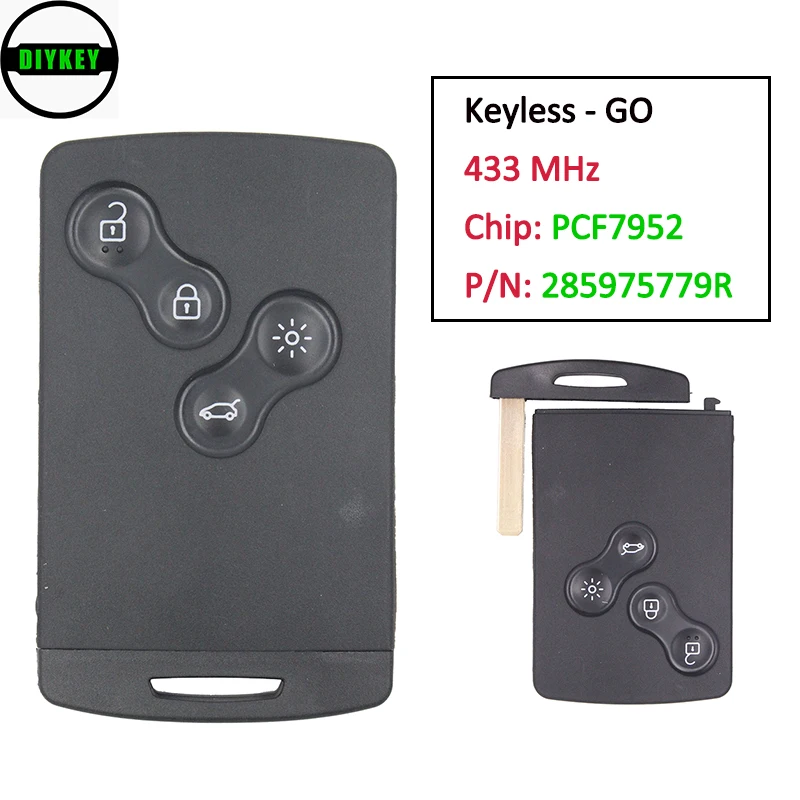 DIYKEY Smart Key Keyless Go 4 버튼 433MHz, Renault Megana III,Laguna III ...