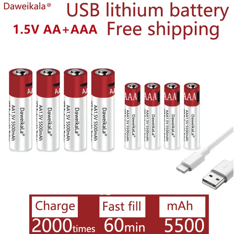 Aa + aaa 2021 nova grande capacidade 5500mah bateria de íon de lítio recarregável aa 1.5v usb ...