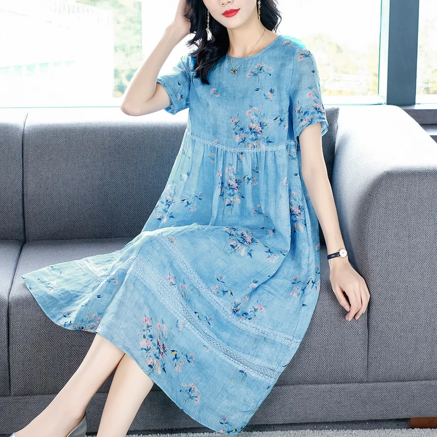 Elegant Female Blue Print vacation Sundress 2022 Summer Vintage Floral ...