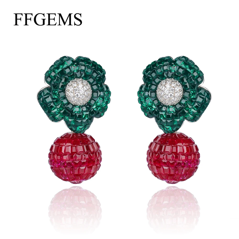 FFGems New Design 925 Silver Drop Big Earring Flower Created Nano Ruby ...