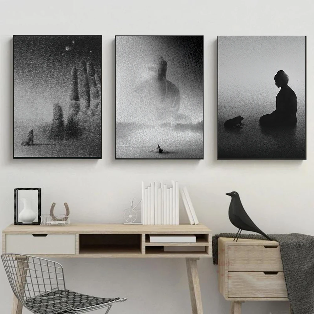 Black-White-Veiled-Buddha-Zen-Boy-Wall-Art-Canvas-Painting-Animal ...