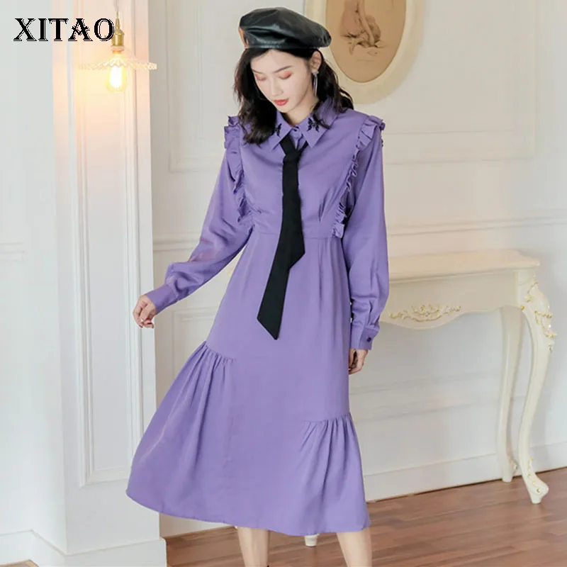 XITAO Purple Patchwork Dress Women Loose Fashion Casual Elegant with ...
