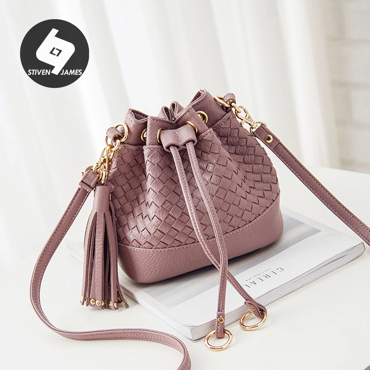 Stiven James Woven Drawstring Shoulder Bucket Bag Mini Pu Leather ...