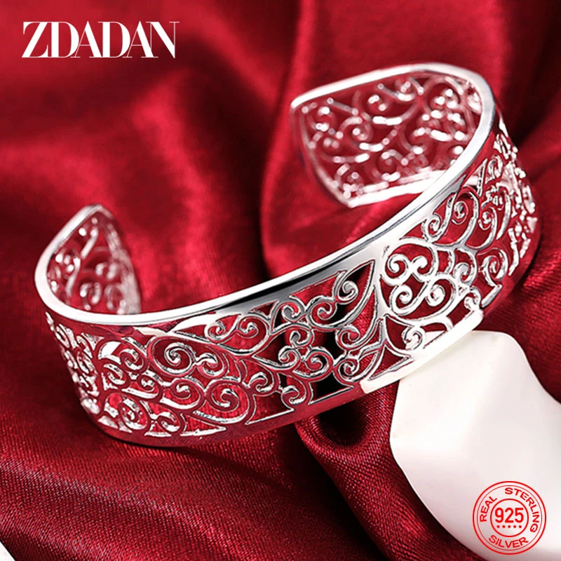 ZDADAN 925 Sterling Silver Hollow Out Texture Open Cuff Bracelet ...