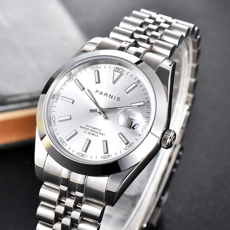 New Parnis 39.5mm Silver Dial Automatic Mechanical Mens Watches ...