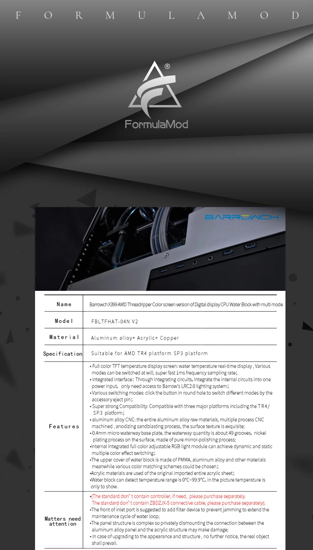 Barrowch FBLTFHAT-04N-V2, For AMD Ryzen Threadripper X399 Platform Blocks, Digital Display ...