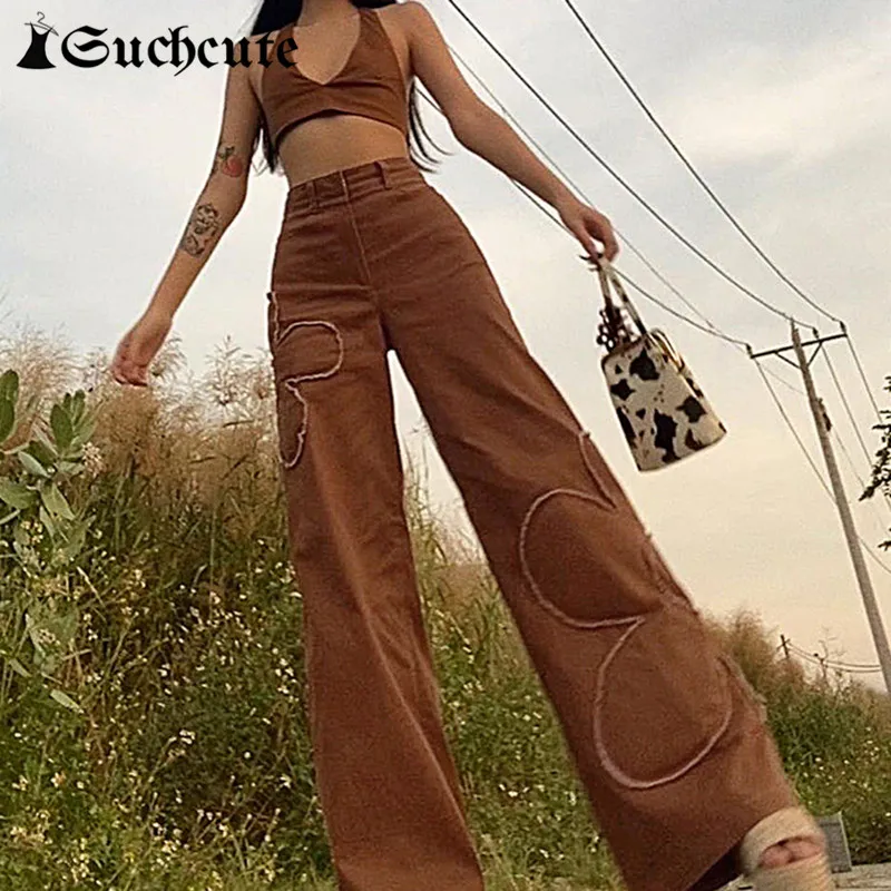 Suchcute Vintage Aesthetics Flower Patchwork Womens Jeans Pants High