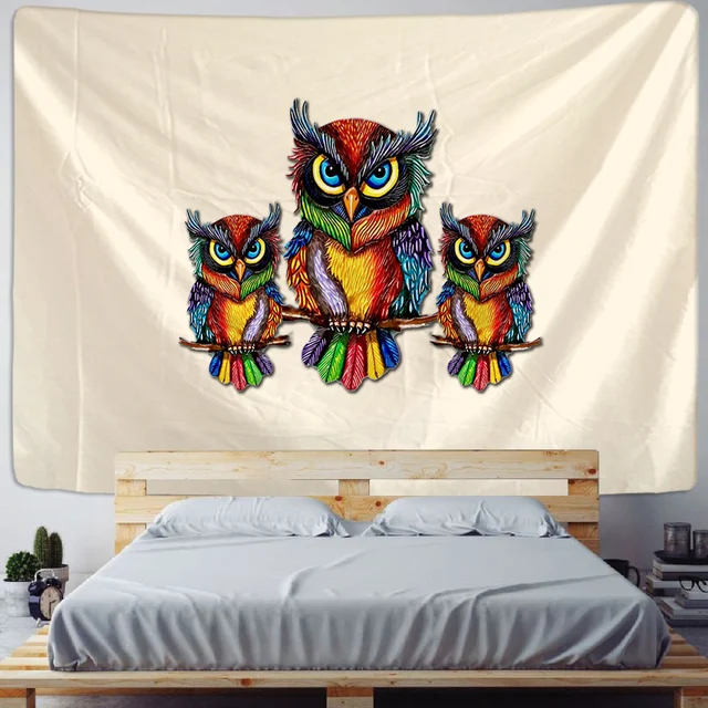 Colourful Feather Abstract Owl Tapestry Wall Hanging