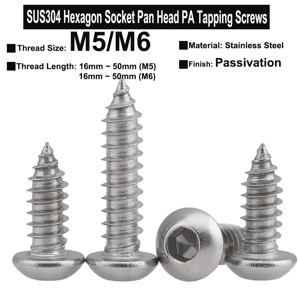 10/5Pcs M5 M6 SUS304 Stainless Steel Hexagon Socket Pan Head PA Tapping ...
