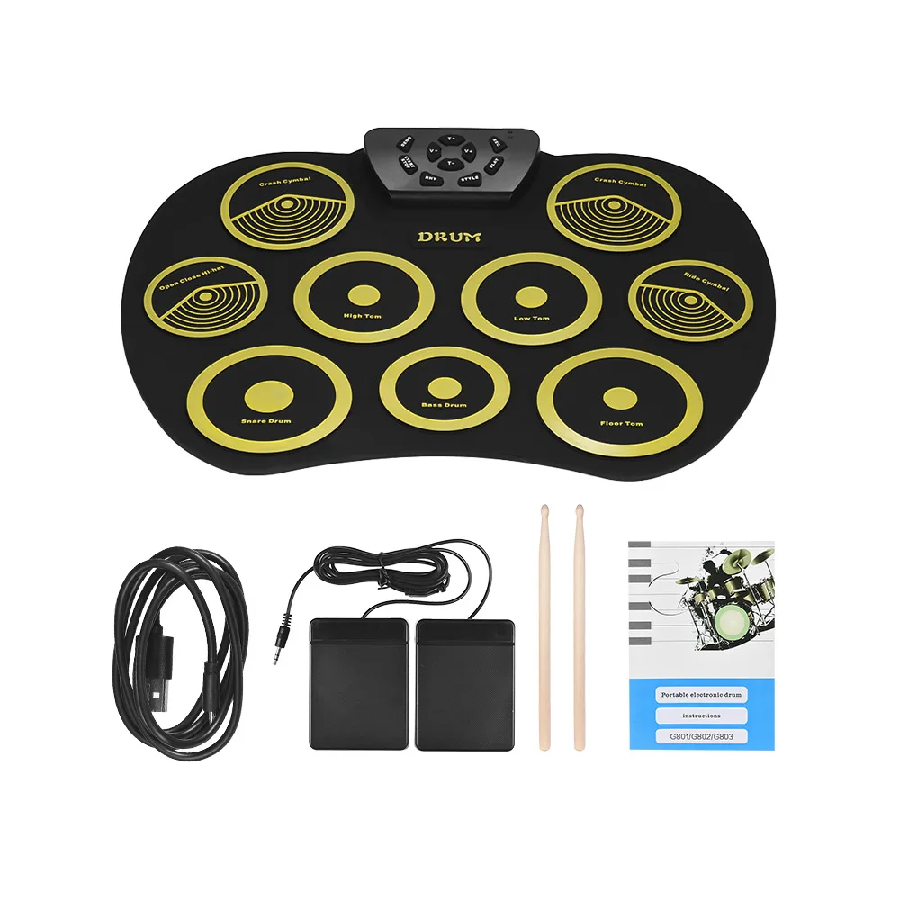 Electronic Folding Drum Set 9 Silicon Pads USB Powered with Foot Pedals ...