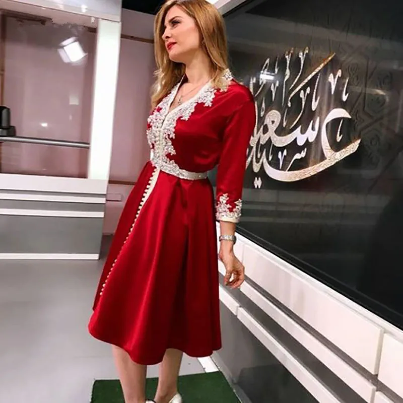 Vinca Gaun Malam Formal Leher V Kaftan Maroko Pendek Merah Cerah Gaun ...