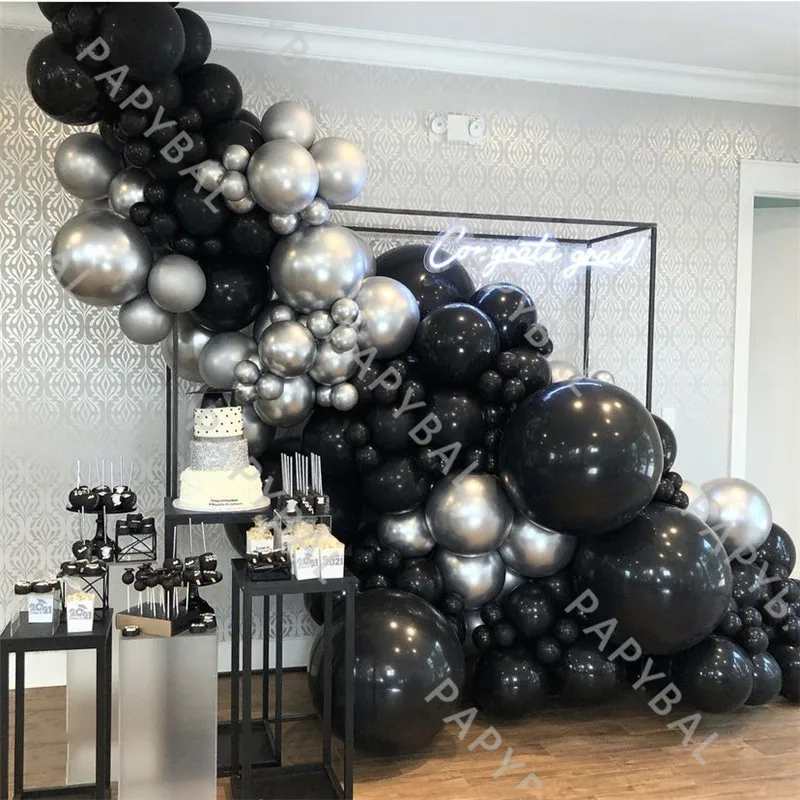143Pcs Black Latex Balloon Arch Garland Kit Chrome Silver