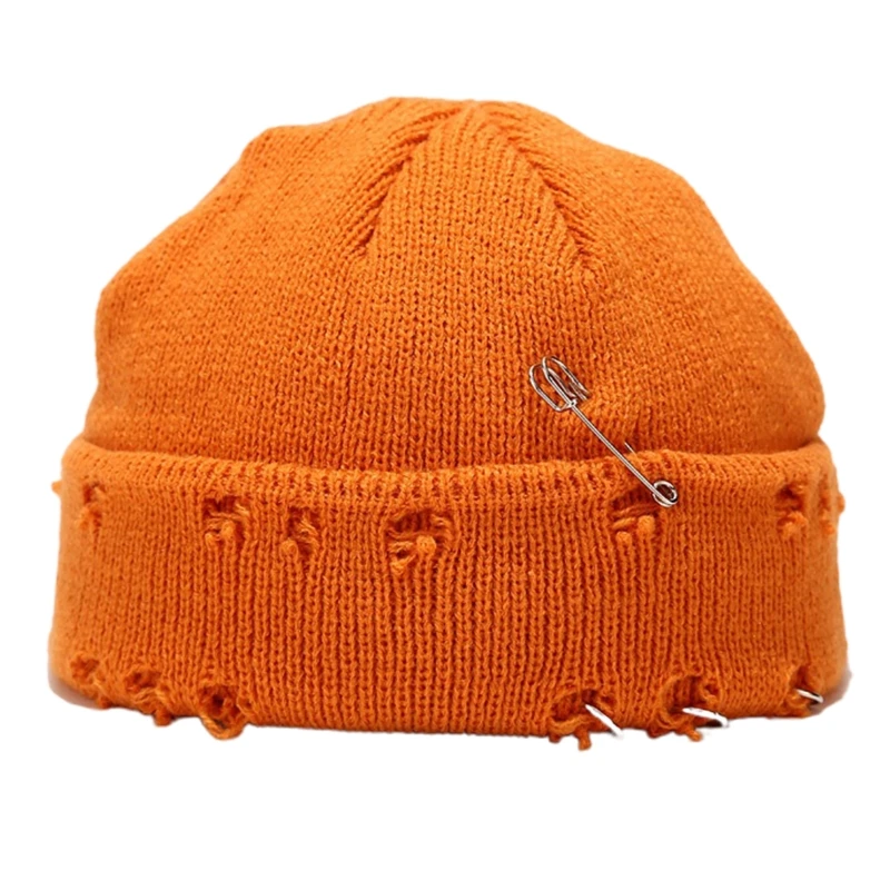 Unisex Winter Knitted Beanie Hat with Pins O Ring Vintage Distressed ...