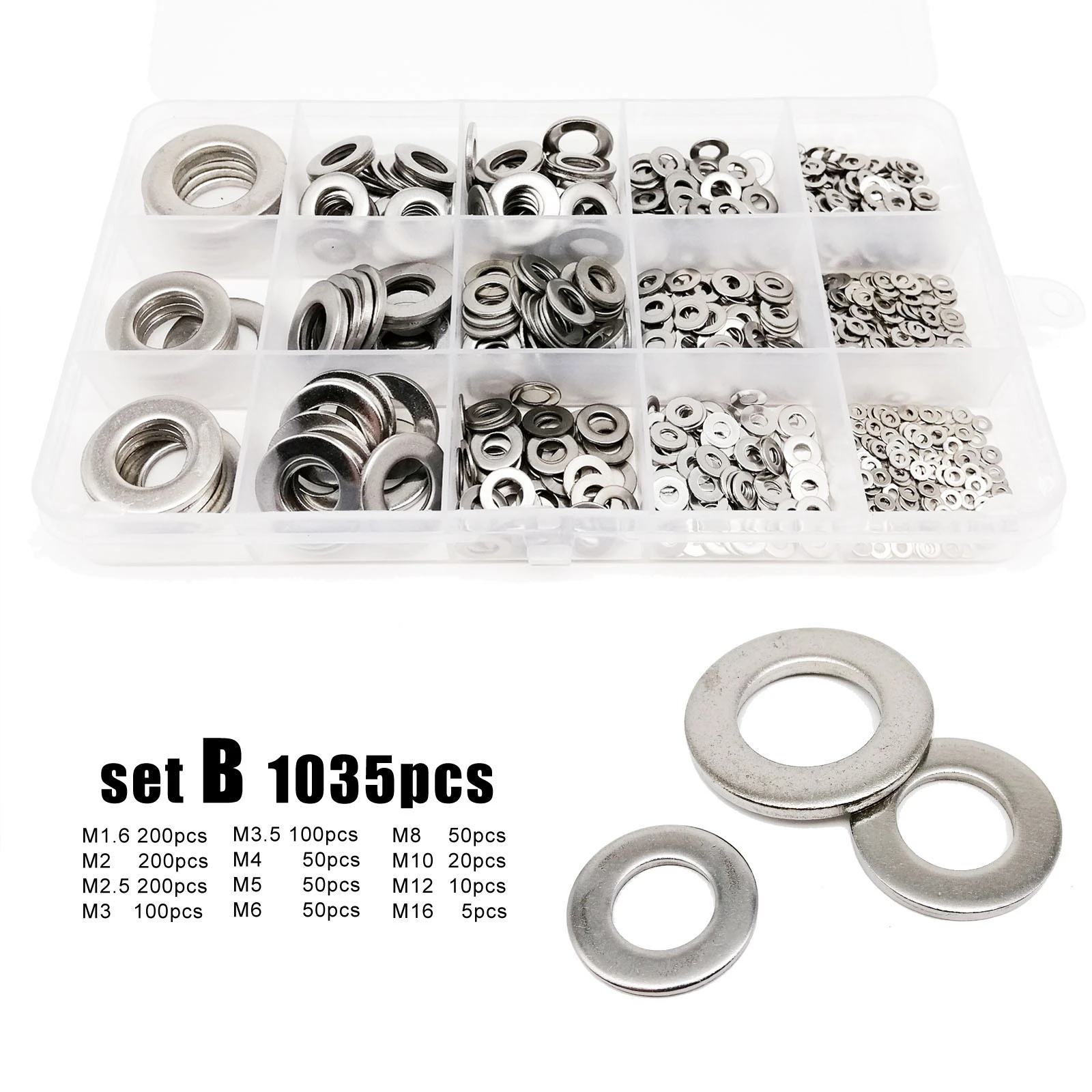 555/1035pcs M1.6 M2 M2.5 M3 M3.5 M4 M5 M6 M8 M10 M12 M16 304 A2 Stainless Steel Gb97 Flat Washer ...