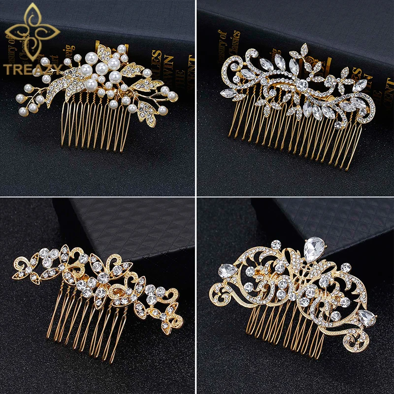TREAZY Gold Color Wedding Hair Combs For Women Headpiece Crystal Pearls ...