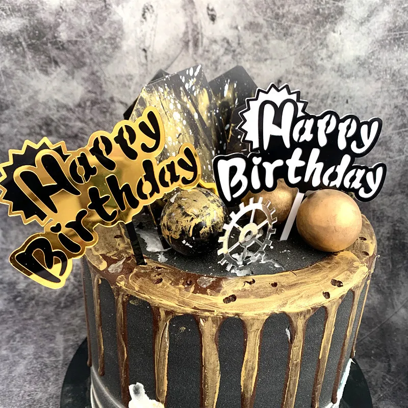 새로운 붐 아크릴 생일 축하 케이크 토퍼 골드 블랙 참신 컵케익 토퍼 플래그 어린이 생일 파티 케이크 장식케이크 데코용품