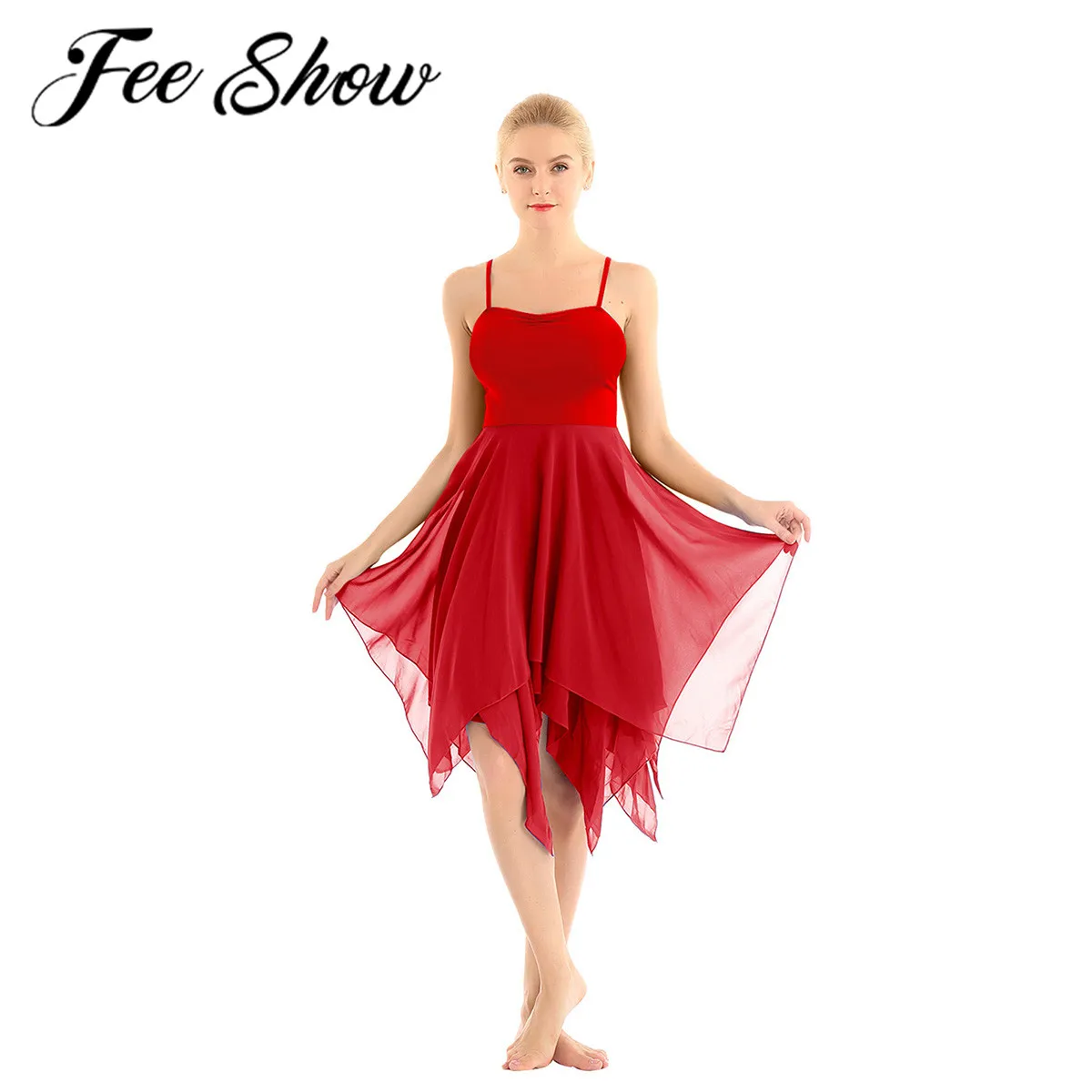 Feeshow Women Adult Leotard Ballet Dress Asymmetric Chiffon Solid Color