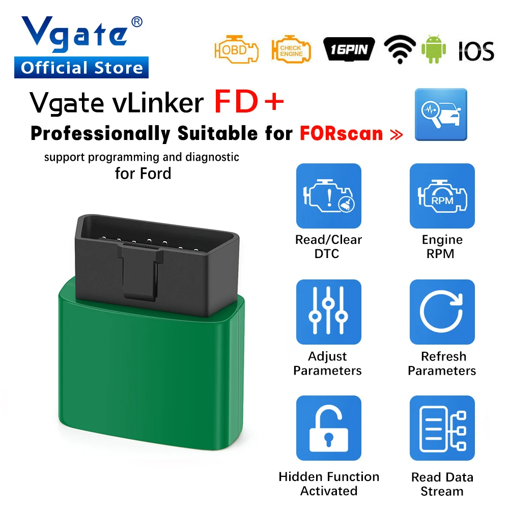 Vgate vLinker FD+ ELM327 BT-wireless 4.0 For Ford FORScan wifi OBD2 Car Diagnostic OBD 2 Scanner ...