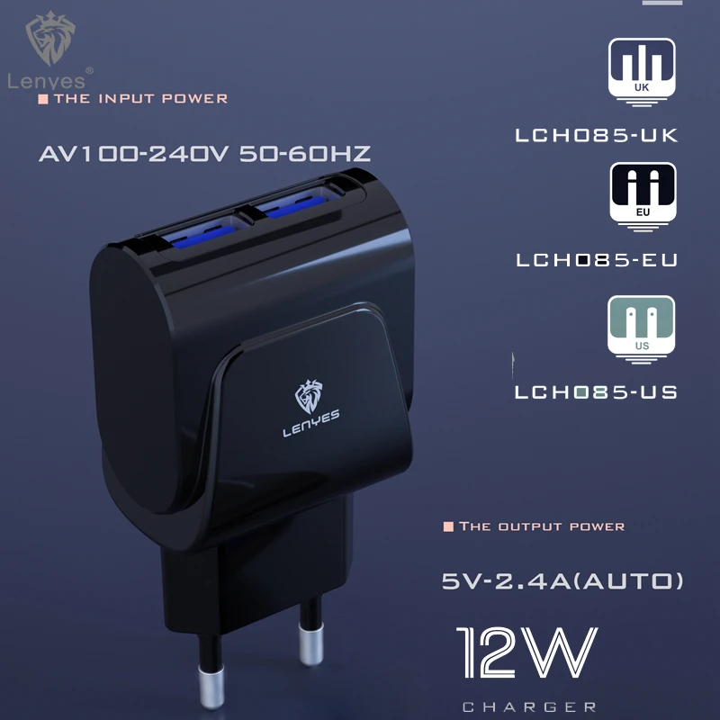 Lenyes 12w Mobile Phone Charger Dual Usb Eu Us Uk Plug Russia Charging ...