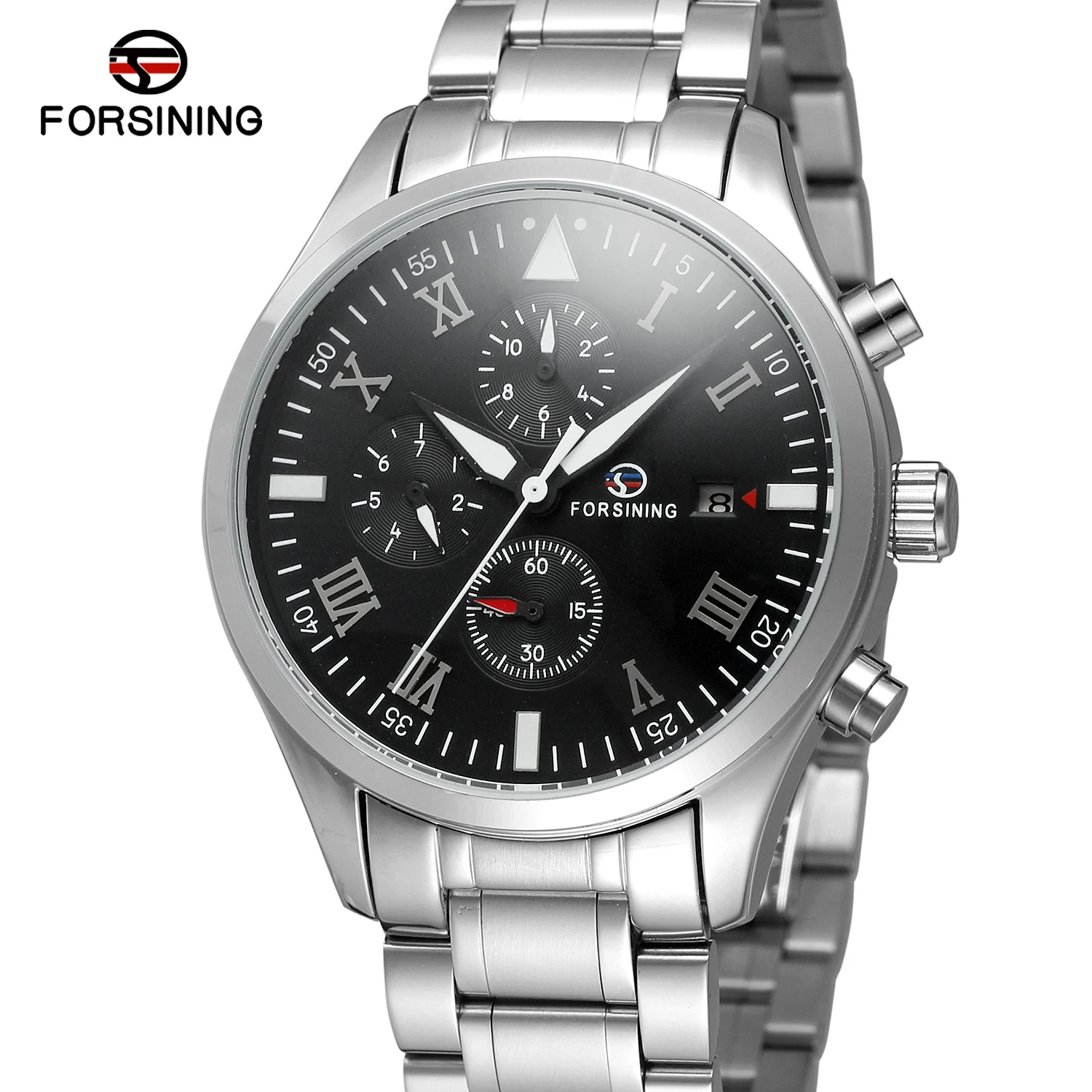 FORSINING-Three-Eyes-six-hands-Mechanical-Watch-Round-Black-and-silver ...