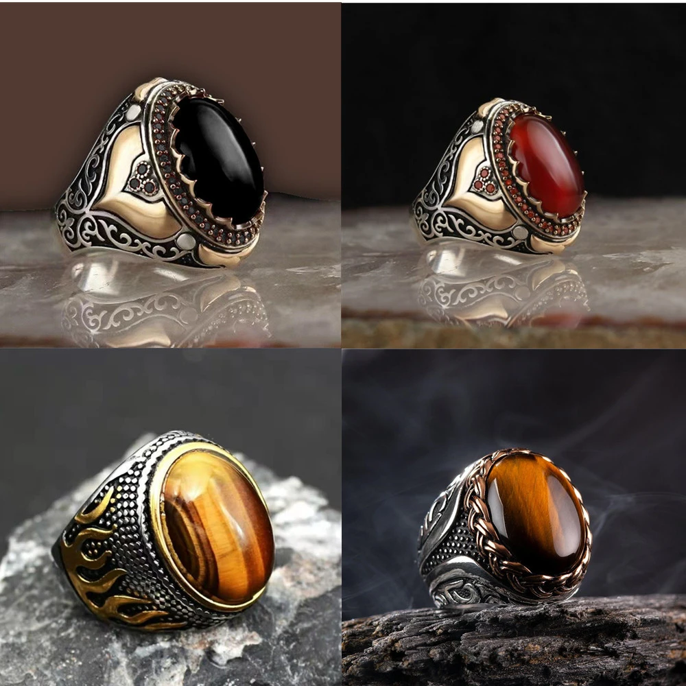 Turkish Handmade Carved Vintage Signet Rings For Men Inlaid Red Black ...