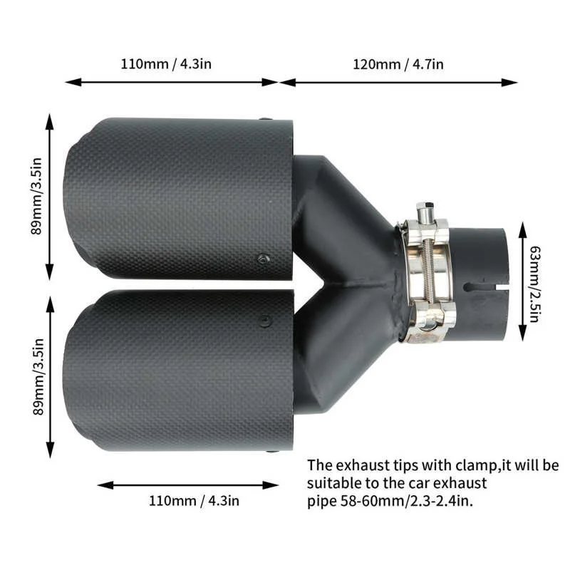 Matte Carbon Fiber Dual Outlet Exhaust Tips Universal Black Tail Pipes ...